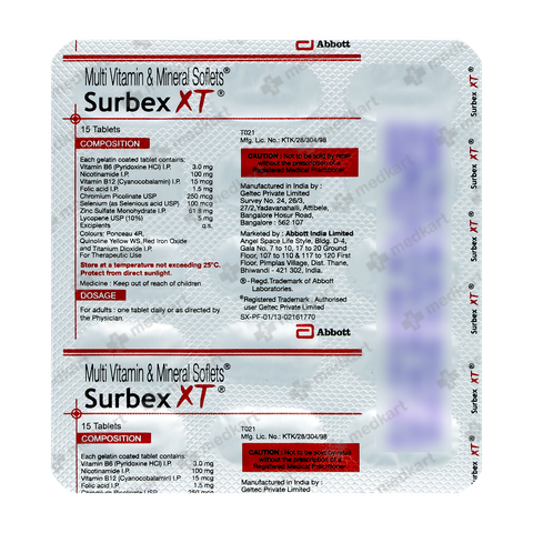 SURBEX XT TABLET 15'S, Price, Composition & Generic Alternatives - Medkart