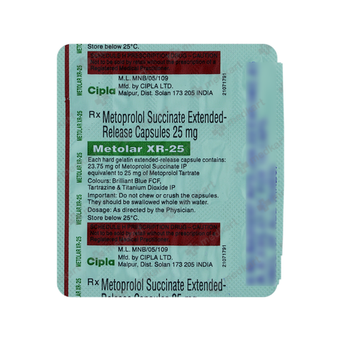METOLAR XR 25MG CAPSULE 15'S, Price, Composition & Generic Alternatives ...