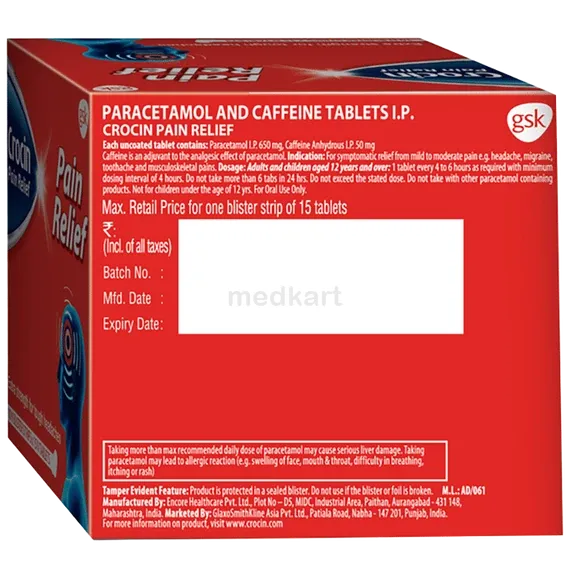 Crocin Pain Relief Tablet 15s – Price & Generic | Medkart