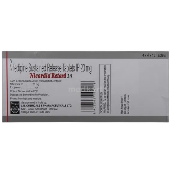 NICARDIA 20MG RETARD TABLET 15'S Price, Uses, Side Effects ...